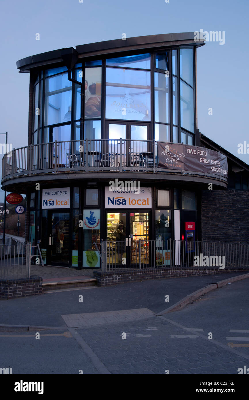 Exterior, night, Nisa Local franchise store Borth Ceredigion Wales UK ...