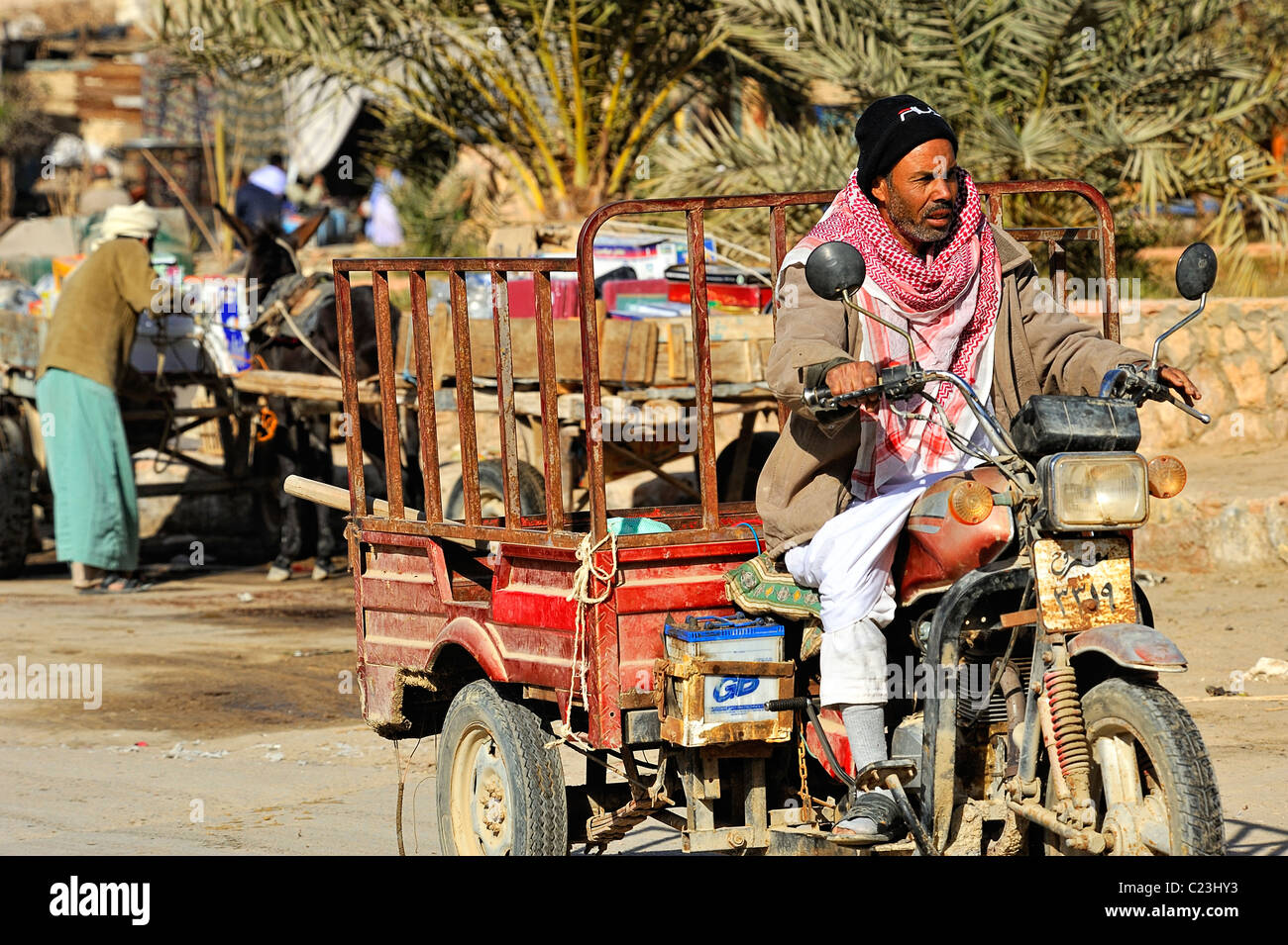 Egyptian man driving a motorcycle in a street of the town of Siwa ...