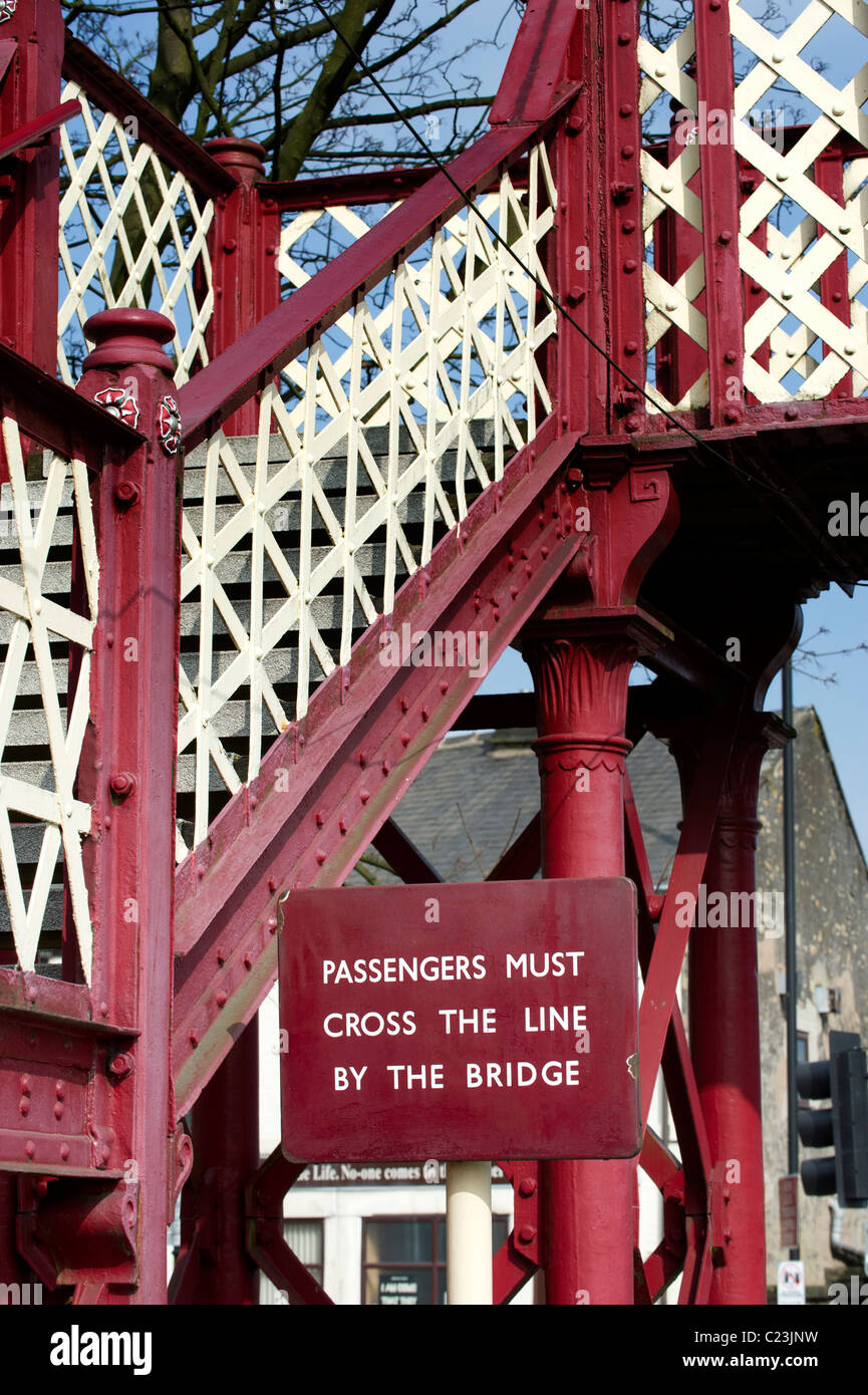 Sign and bridge at Ramsbottom Railway Station on the East Lancs Railway ...