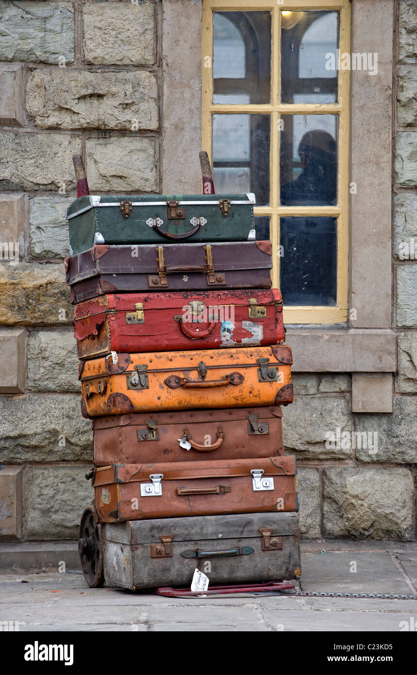 Luggage trolley piled high with suitcases at Ramsbottom Railway Station ...