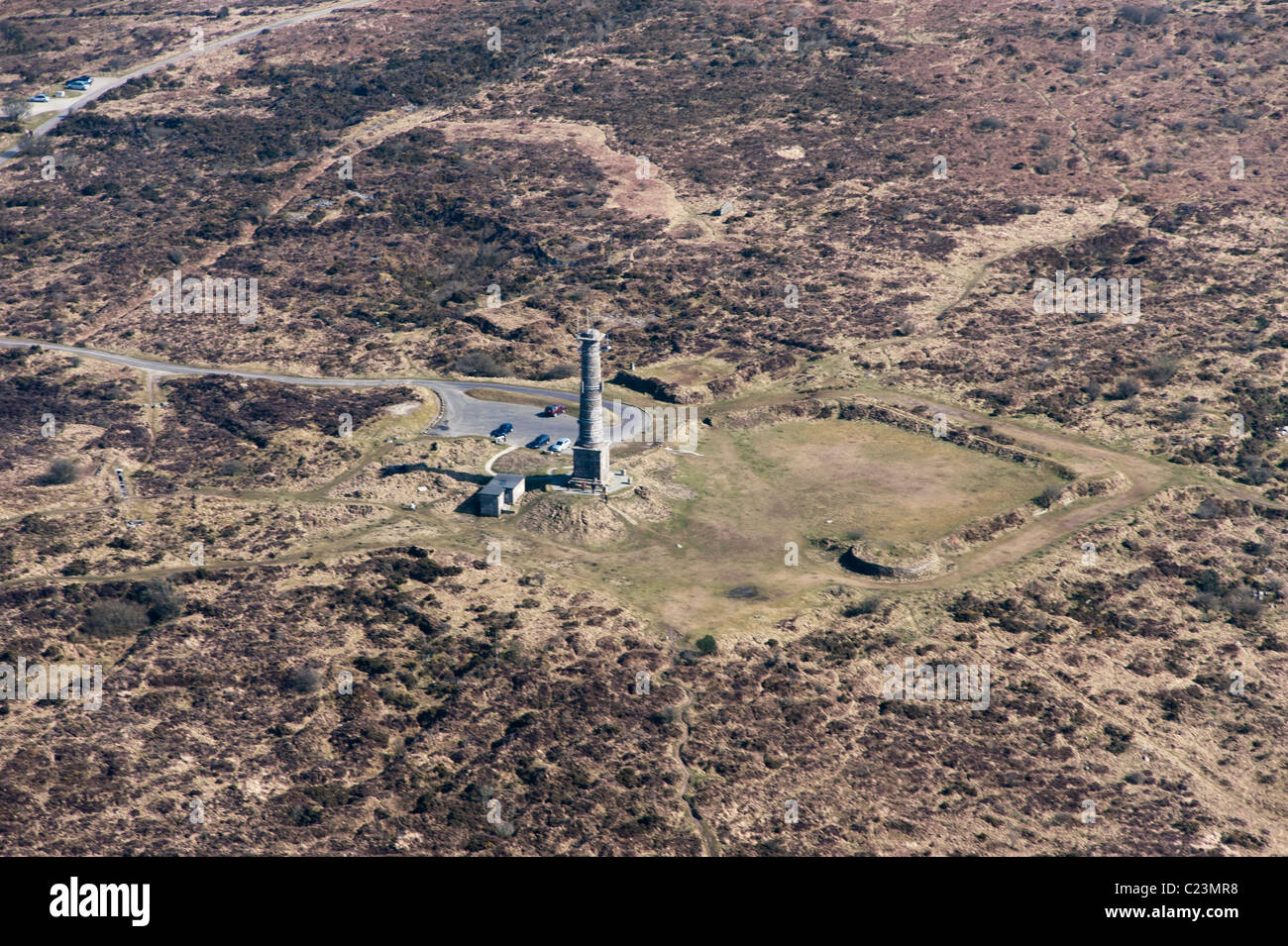 The mine chimney on Kitt Hill in Cornwall. The rampart around the open ...