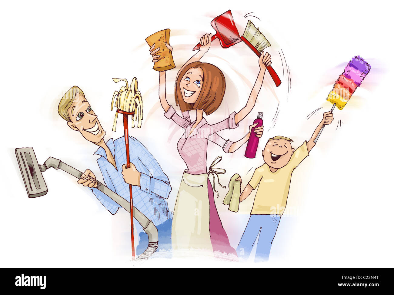 illustration of family doing spring cleaning Stock Photo - Alamy