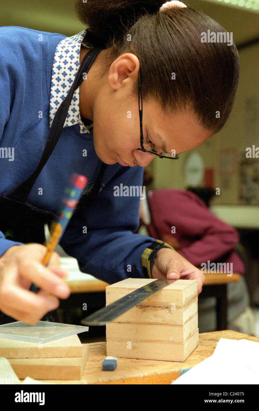 Young student in constructing a model in wood lesson at College of ...
