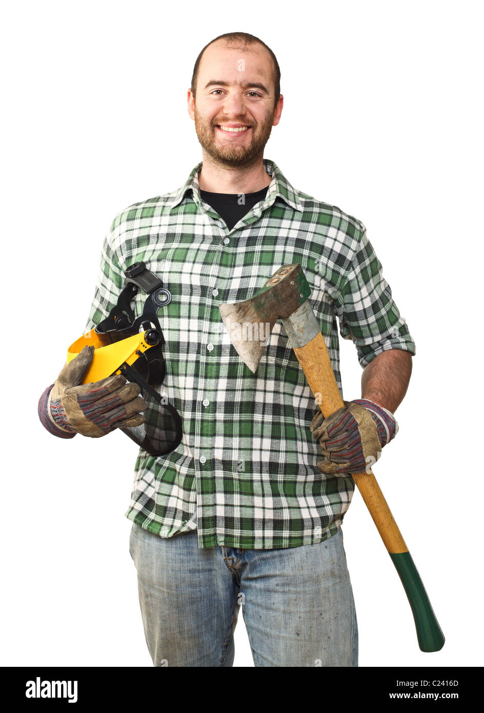 portrait of caucasian smiling lumberjack on white background Stock ...