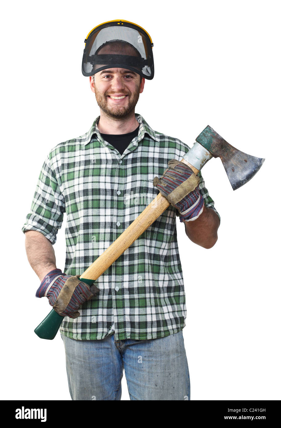 portrait of caucasian smiling lumberjack on white background Stock ...