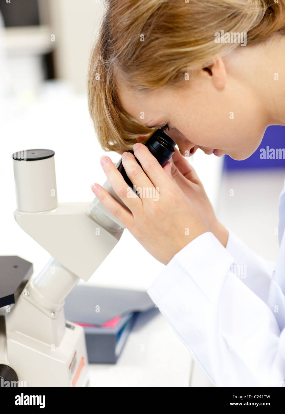 Concentrated female scientist looking through a microscope Stock Photo ...