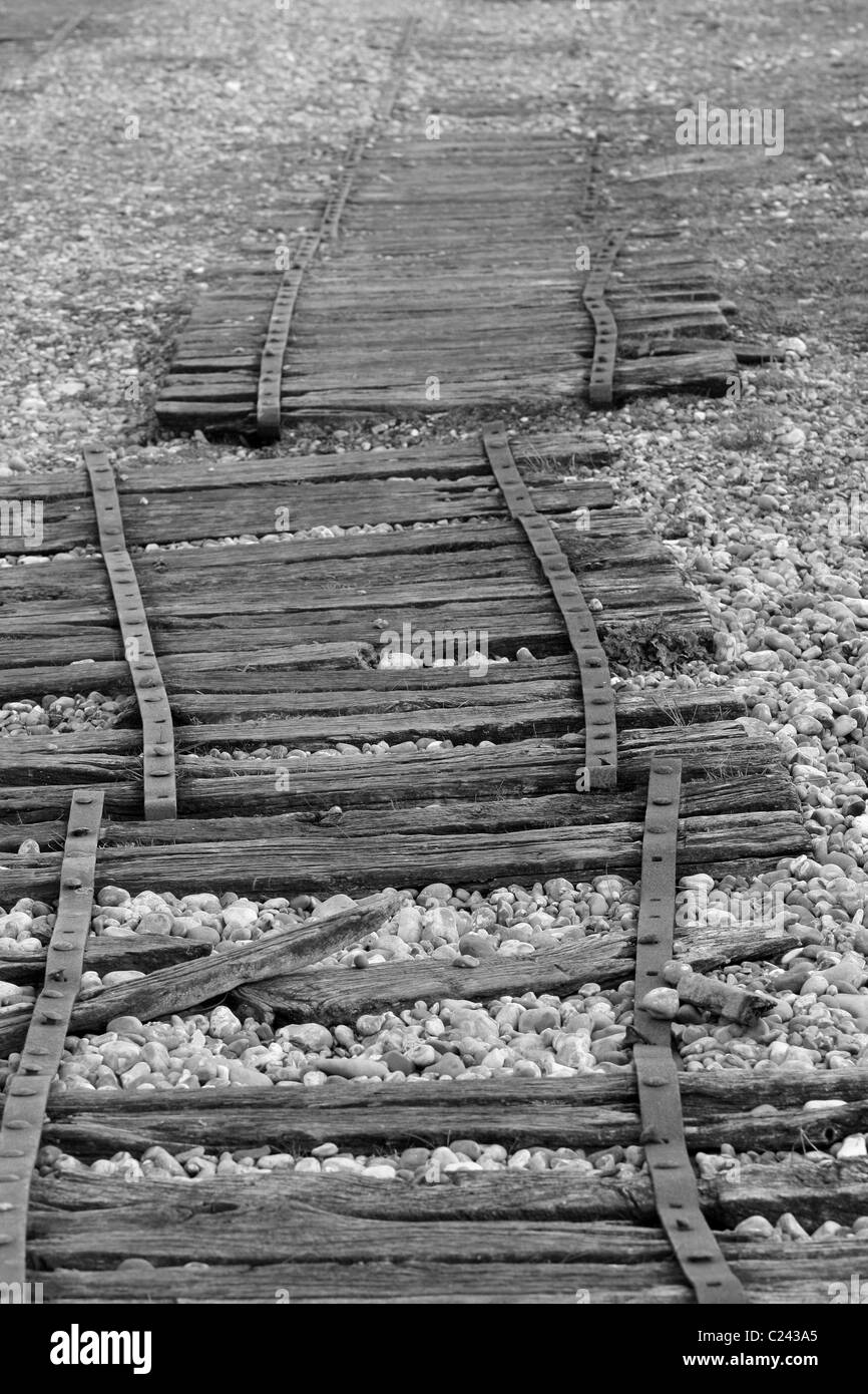 Some broken tracks on shingle at Rye Harbour, Sussex, England Stock ...