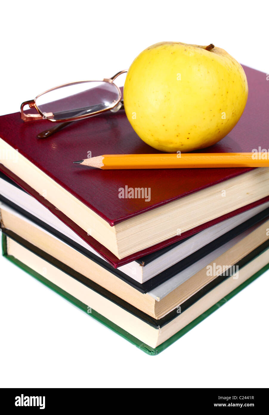 books apple glasses and pencil isolated on white background Stock Photo ...