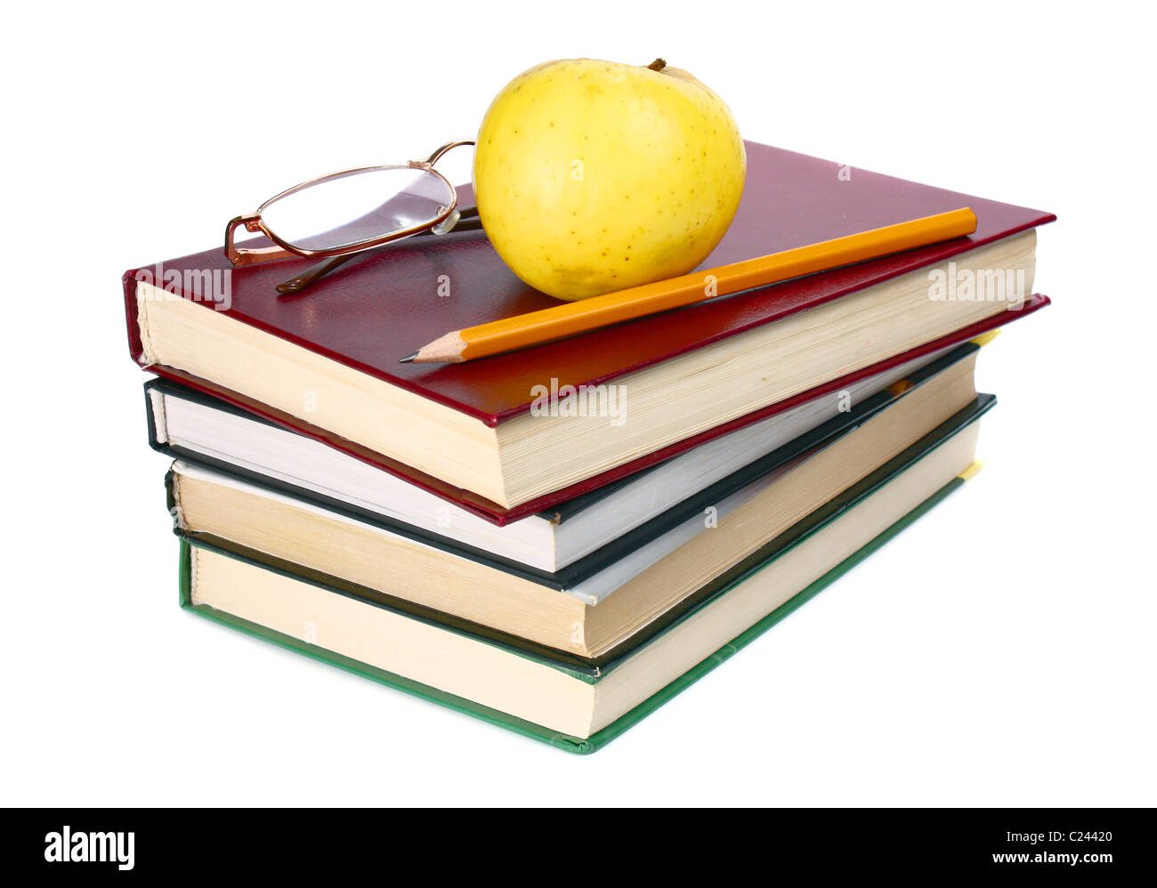 books apple glasses and pencil isolated on white background Stock Photo ...
