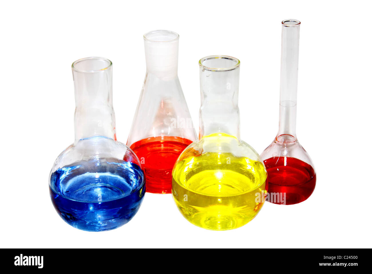 laboratory beakers with the coloured liquid isolated on white ...