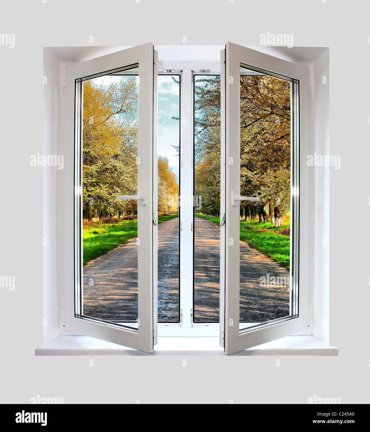 open white plastic window with a kind on road Stock Photo - Alamy