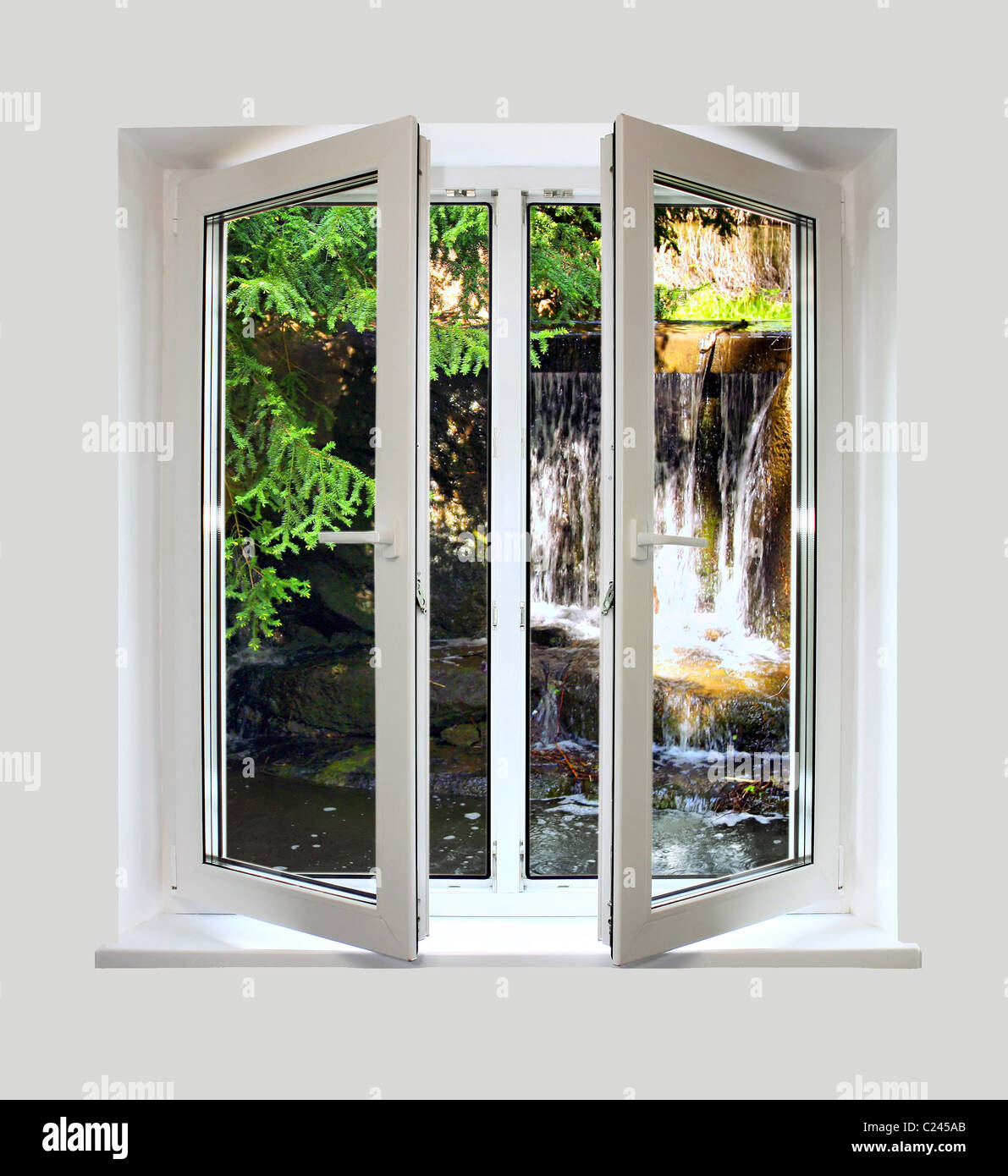 open white plastic window with a kind on waterfall Stock Photo - Alamy