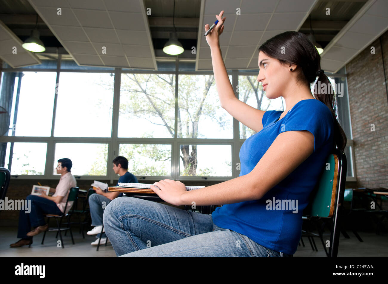 Female University student raising hand in class Stock Photo - Alamy