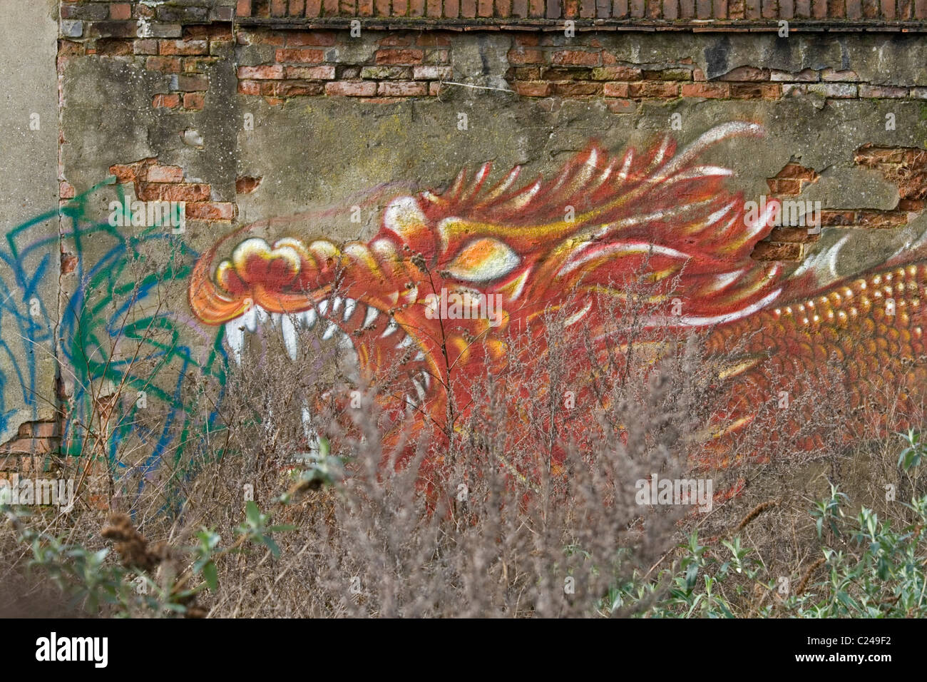 Dragon graffiti on wall of derelict building, UK Stock Photo - Alamy