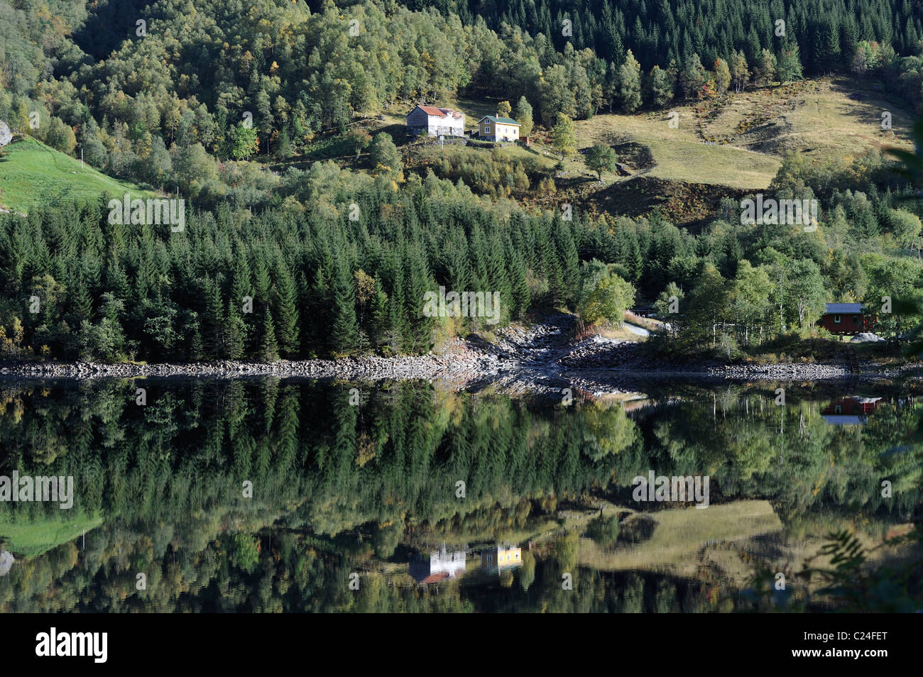 Farm with small fields and wooden houses on the hillside, Odland Norway ...