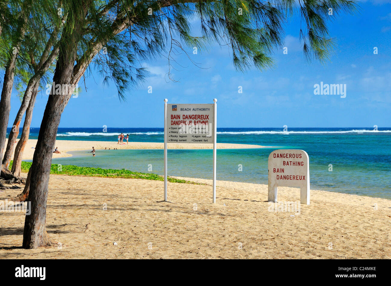 Warning signs at the the almost empty Riambel Beach, Riambel, Savanne ...