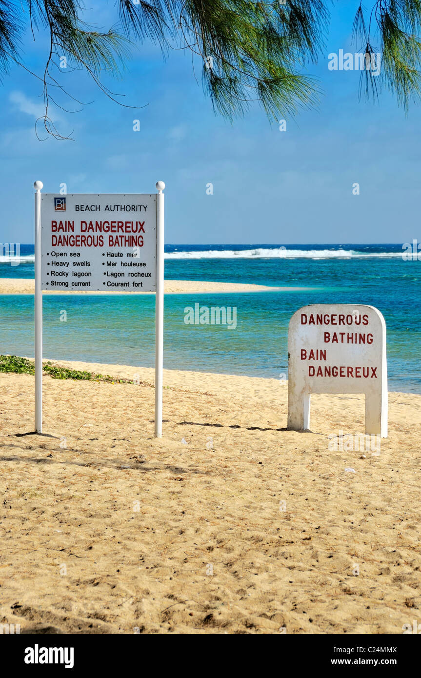 Warning signs at the the almost empty Riambel Beach, Riambel, Savanne ...