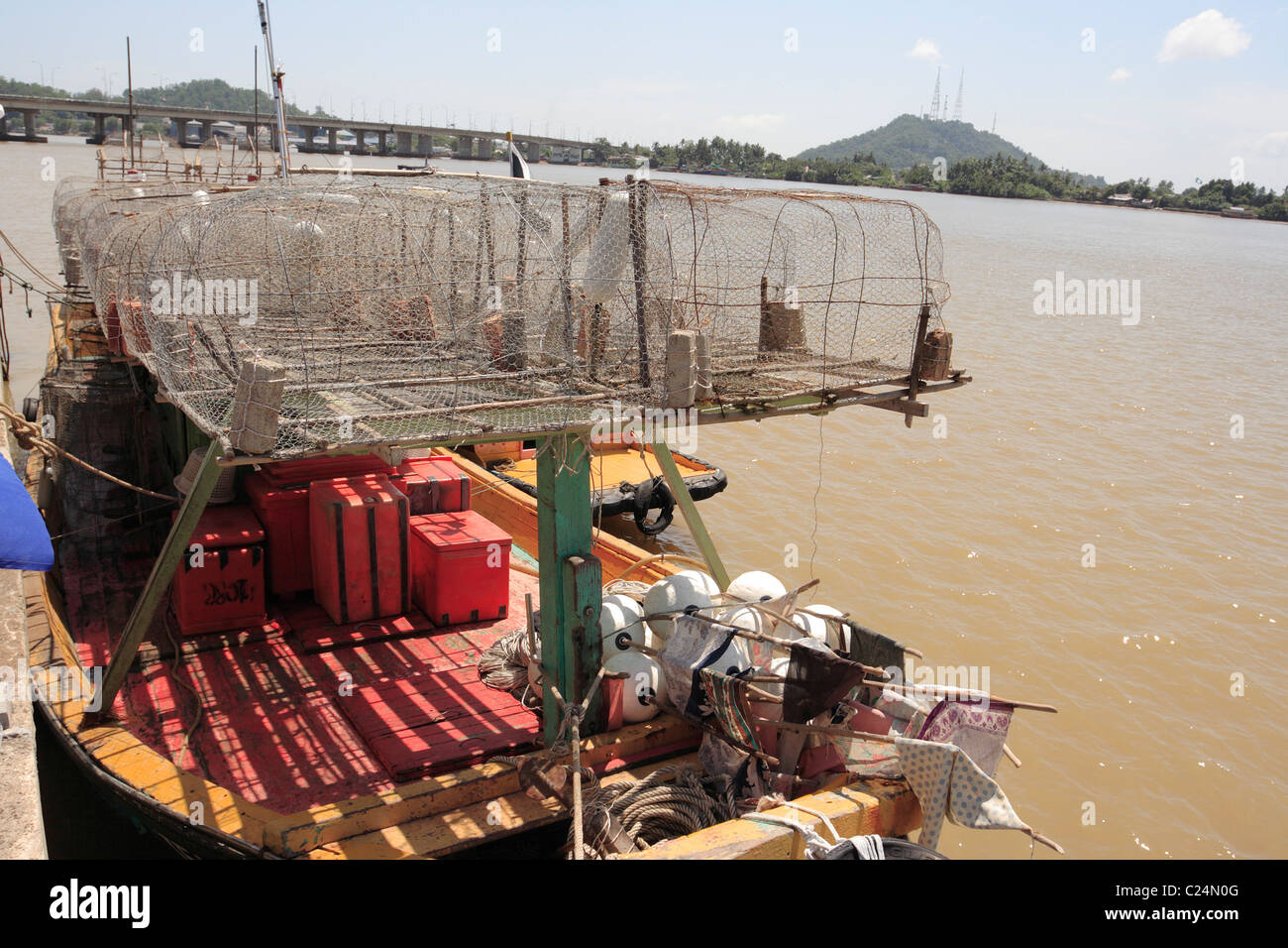 Fish traps on fishing boat in Terengganu, Malaysia Stock Photo - Alamy
