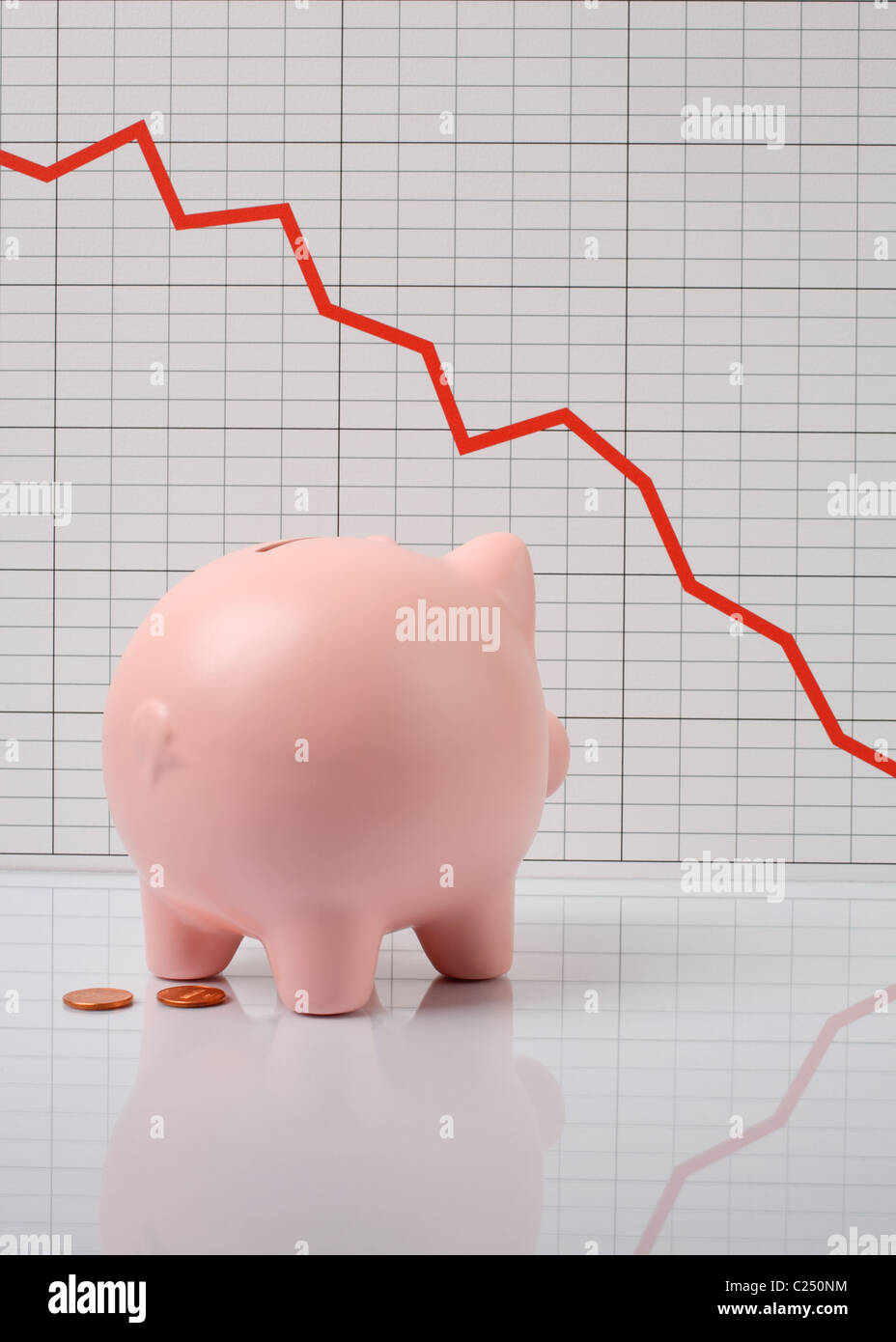pink piggy looking at bad financial chart Stock Photo - Alamy