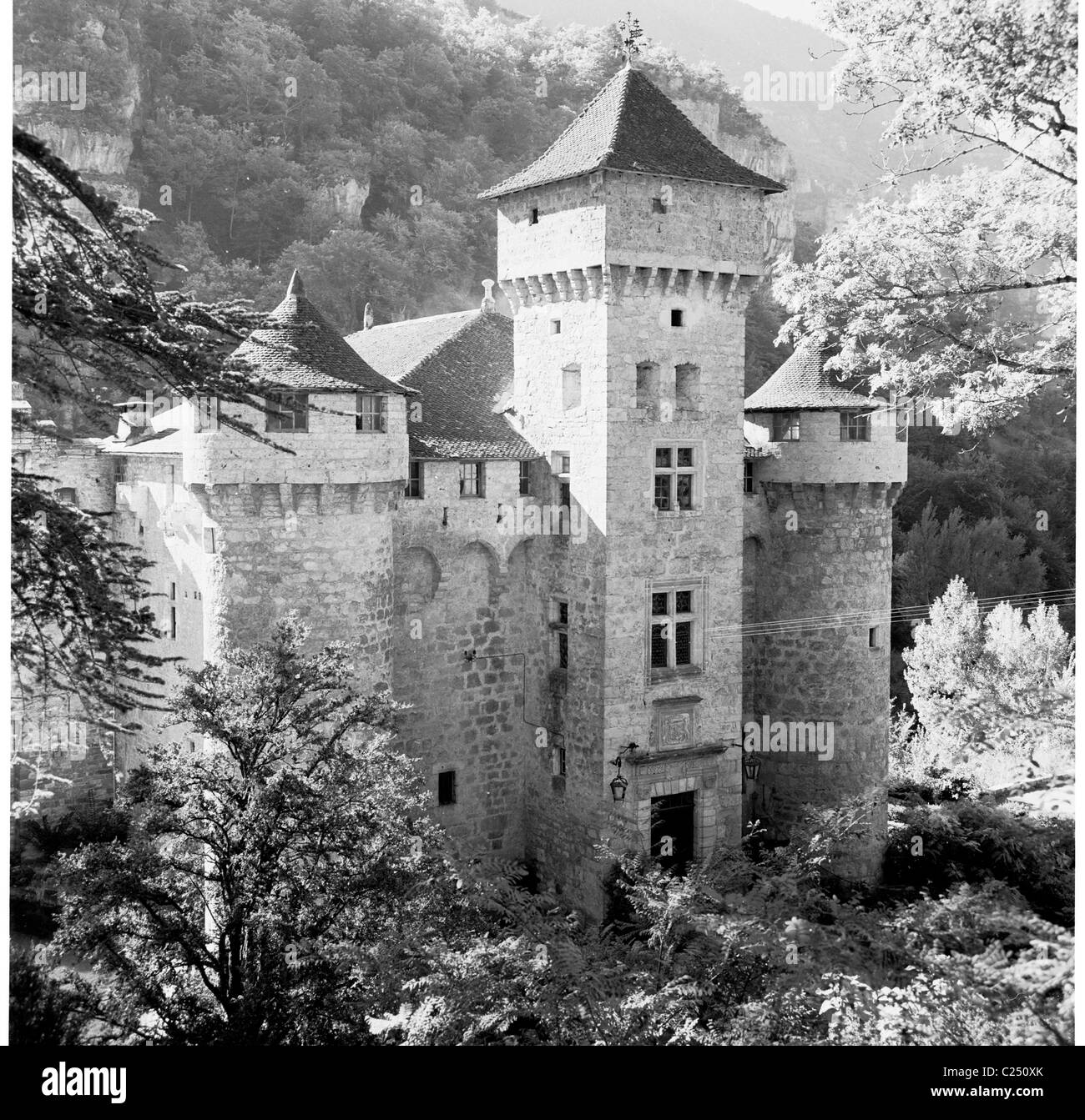 France,1950s. The Chateau de la Caze at Le Rozier France nestles ...