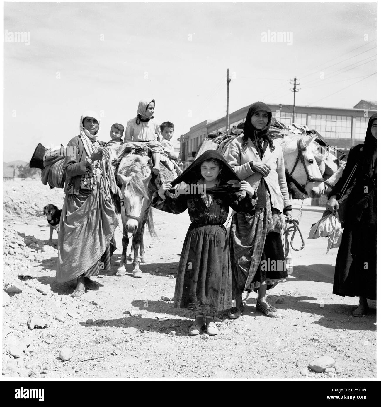 Greece, 1950s. Photo of local travelers or gypsies with children, horse ...