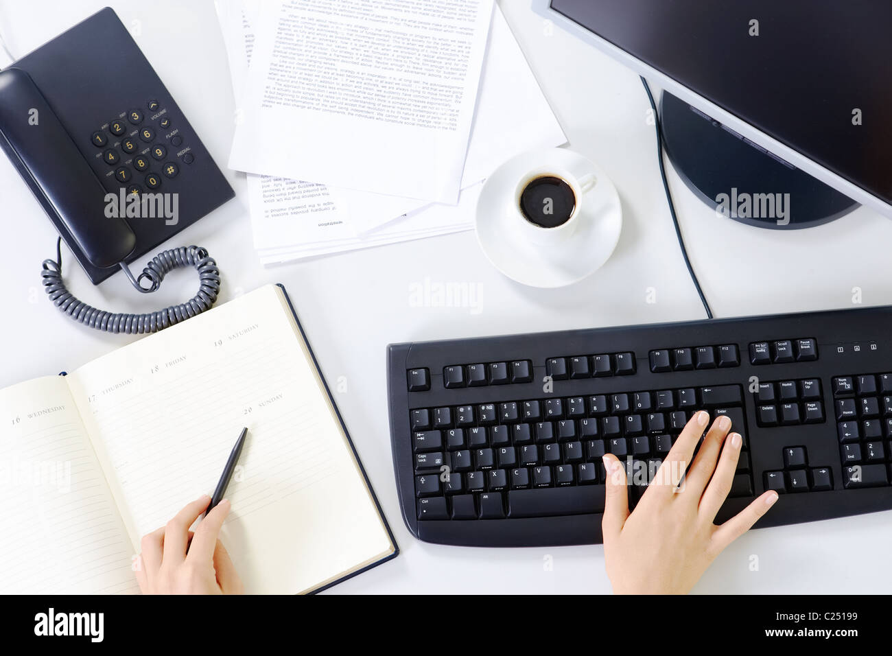Image of a workplace with office objects and female hands Stock Photo ...