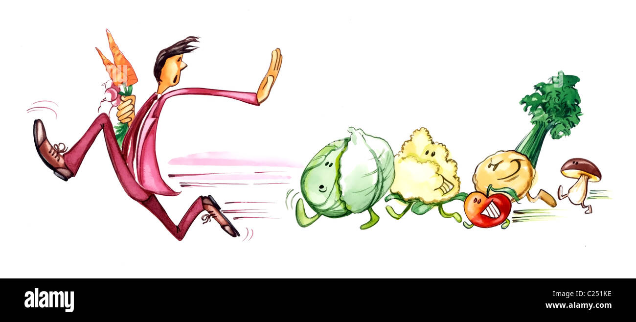 humorous illustration of man on diet running before food Stock Photo ...