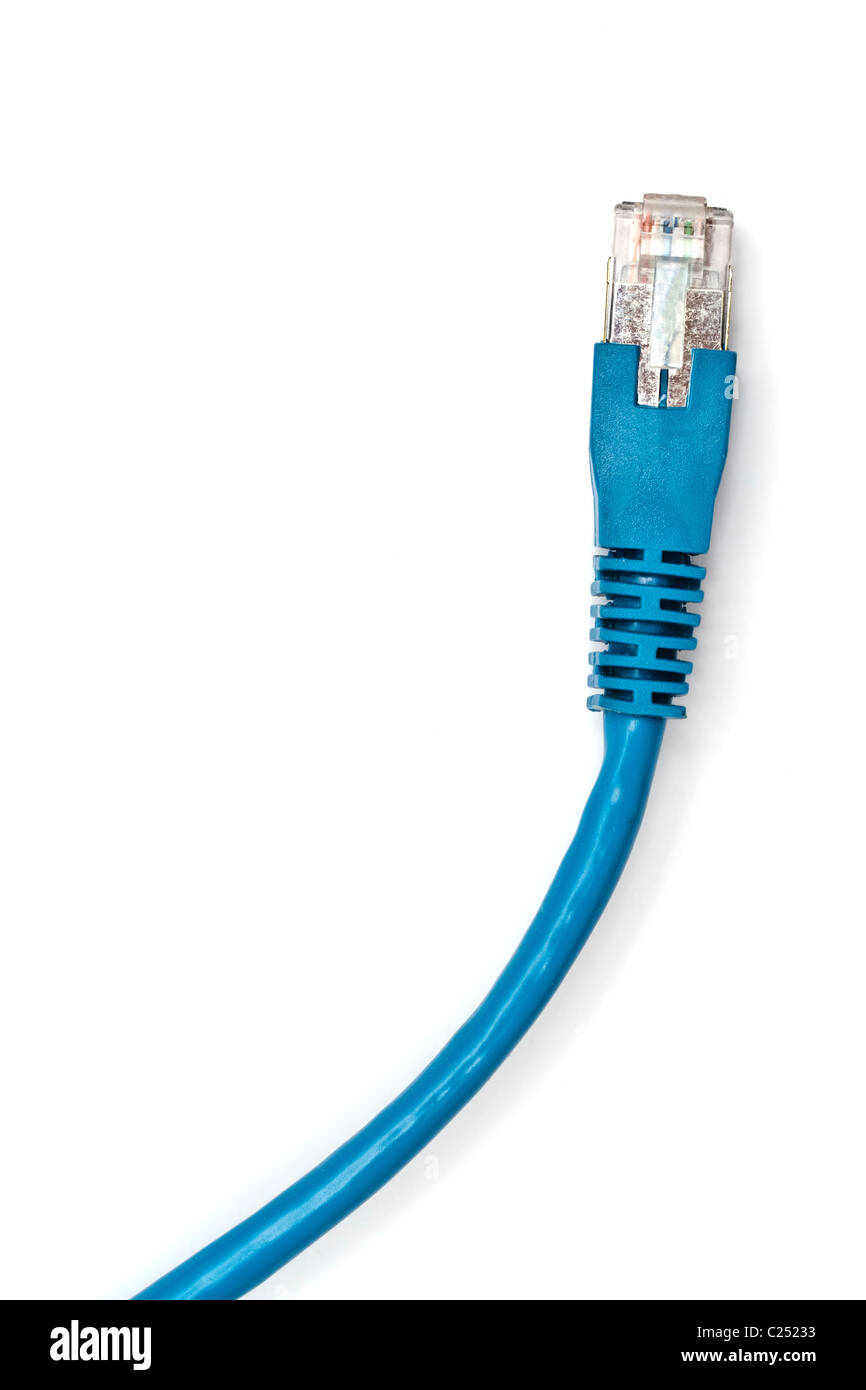 Blue network cable on white background Stock Photo - Alamy