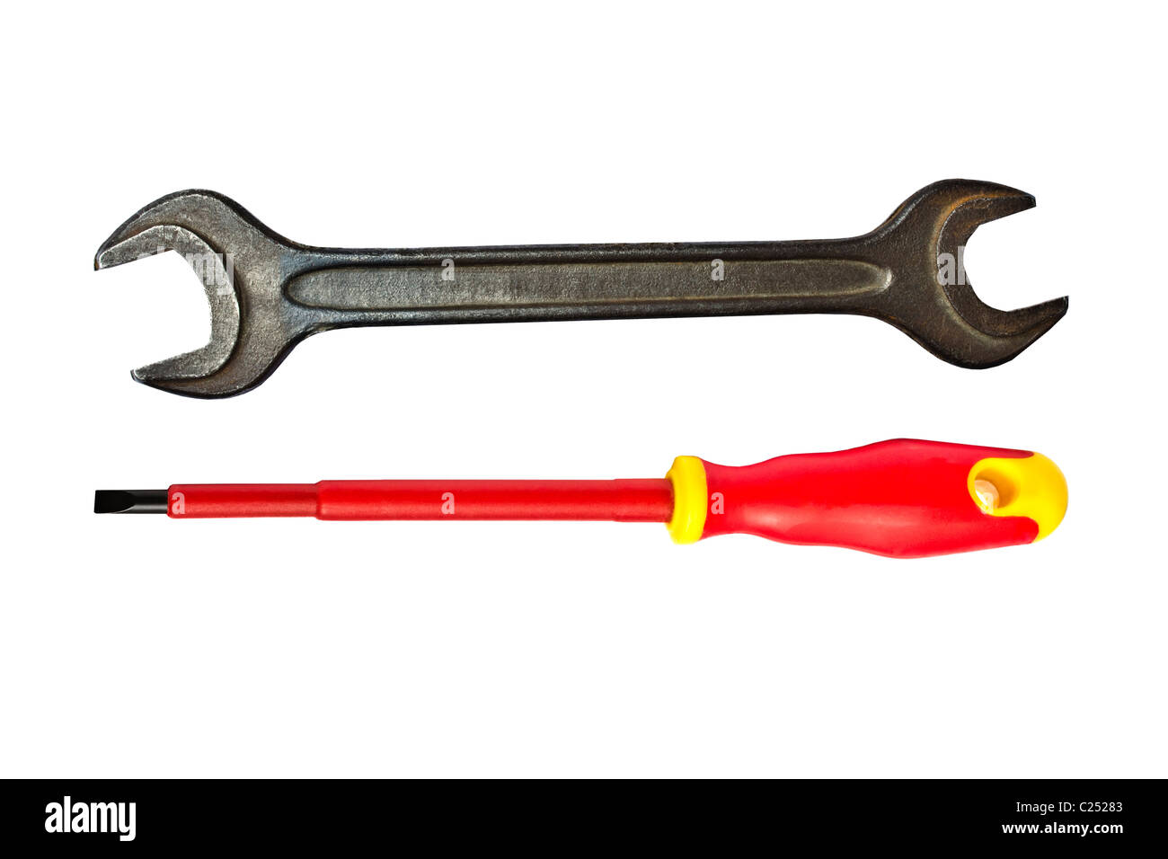 Screwdriver and wrench closeup on white background Stock Photo - Alamy