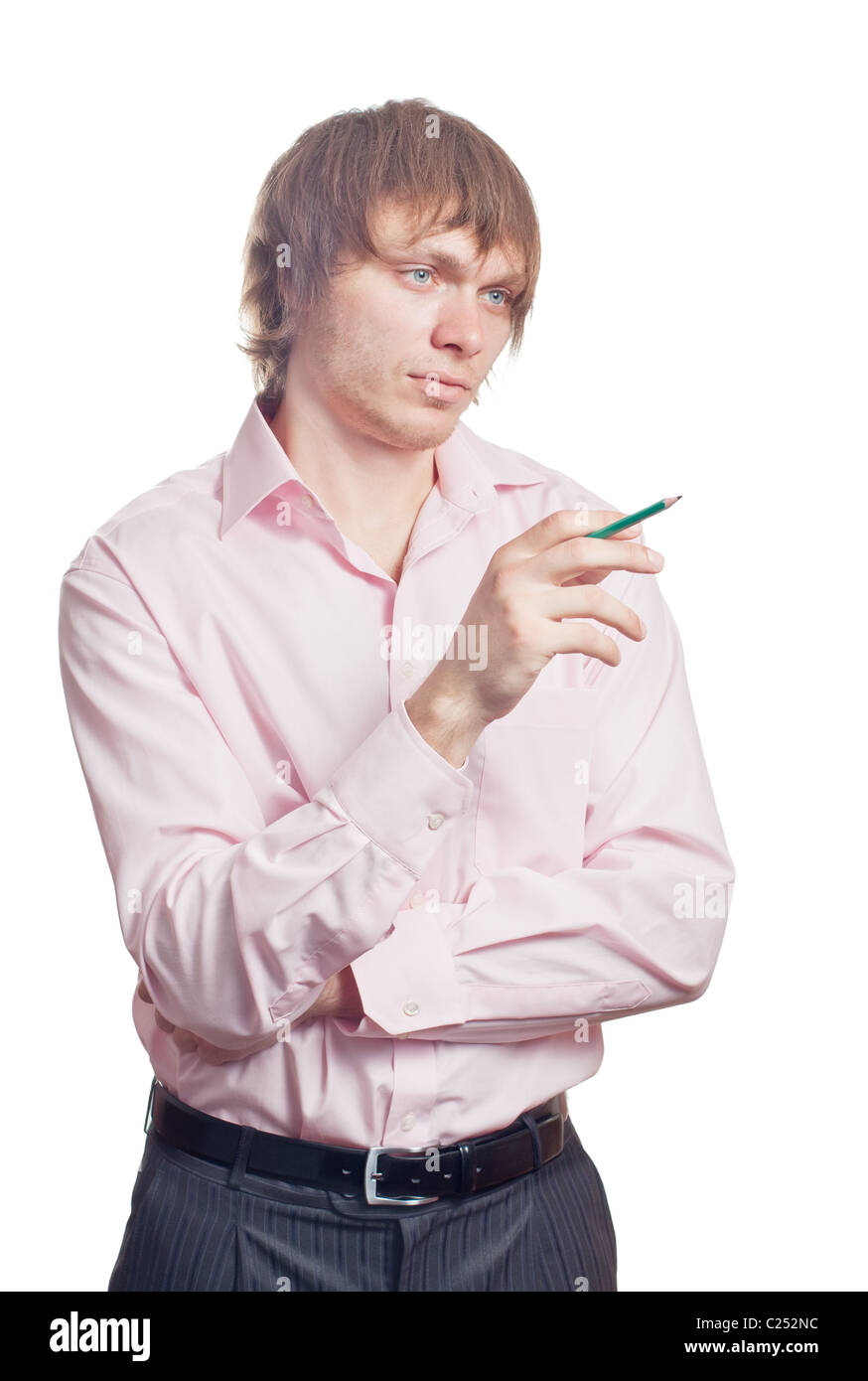 Portrait of young men with pencil on white. Isolated Stock Photo - Alamy