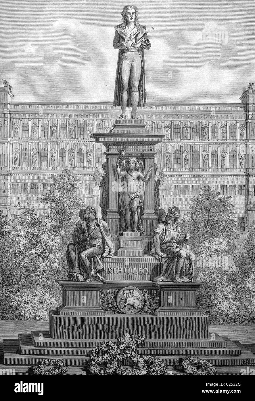 Schiller Monument in Vienna, Austria, historic illustration, 1877 Stock ...