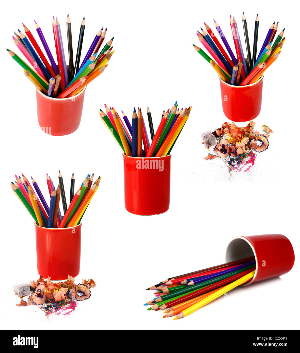 coloured pencils are in red glass isolated on white background Stock ...