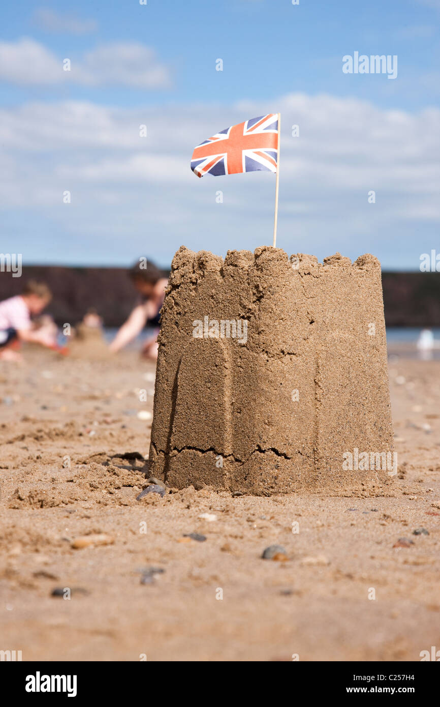 Classic English sand castle on the beach at Filey, East Yorkshire Stock ...