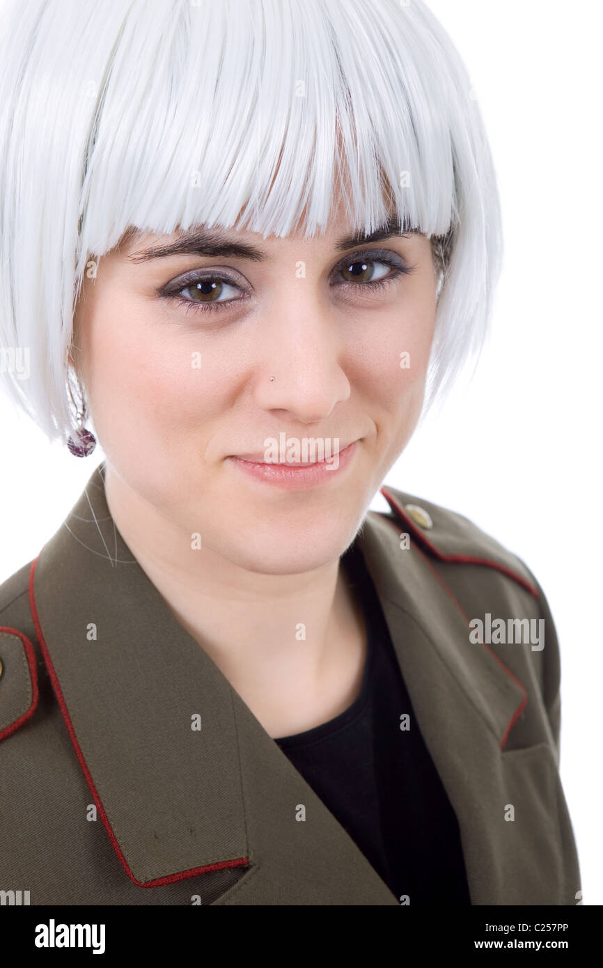 woman with a russian army coat and a white wig, isolated Stock Photo ...
