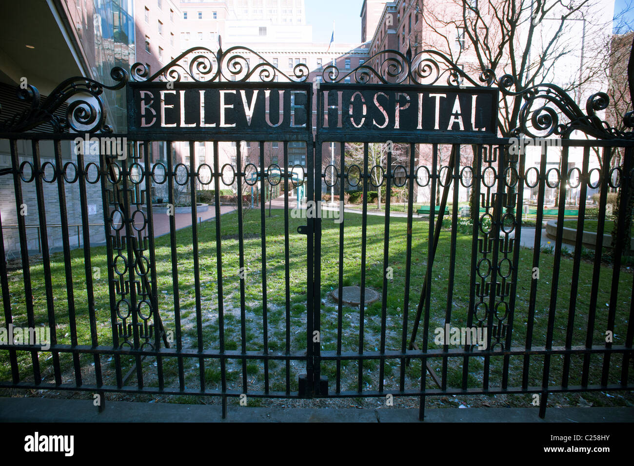The historic gates of Bellevue Hospital on First Avenue in New York on ...