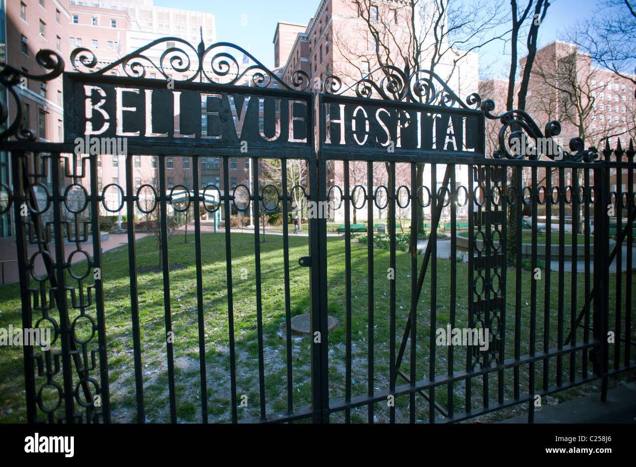 The historic gates of Bellevue Hospital on First Avenue in New York on ...