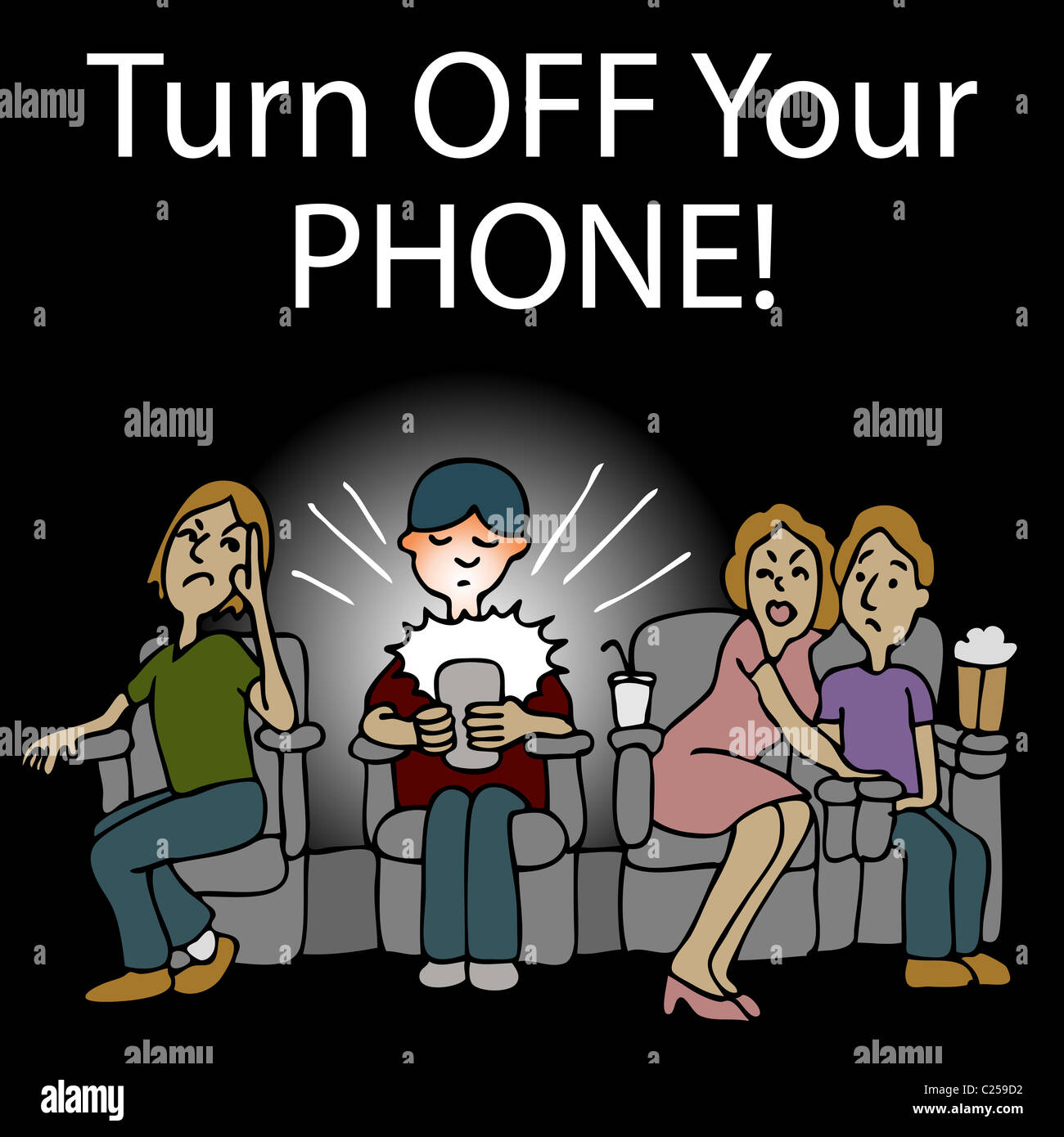 An image of a rude man texting on his smartphone in the movie theater ...