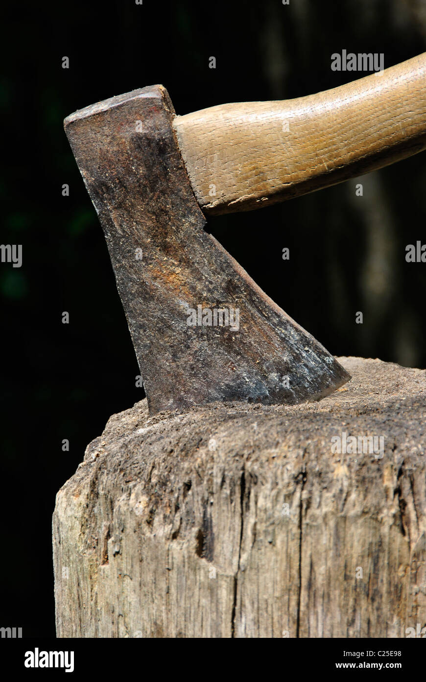 Closeup on Lumberjack's axe stuck in a chopping block with natural ...