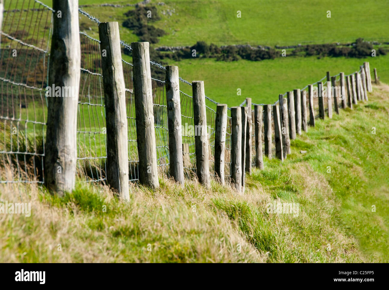 Wooden post with Metal Wire Fence Running through a Grass Field for ...