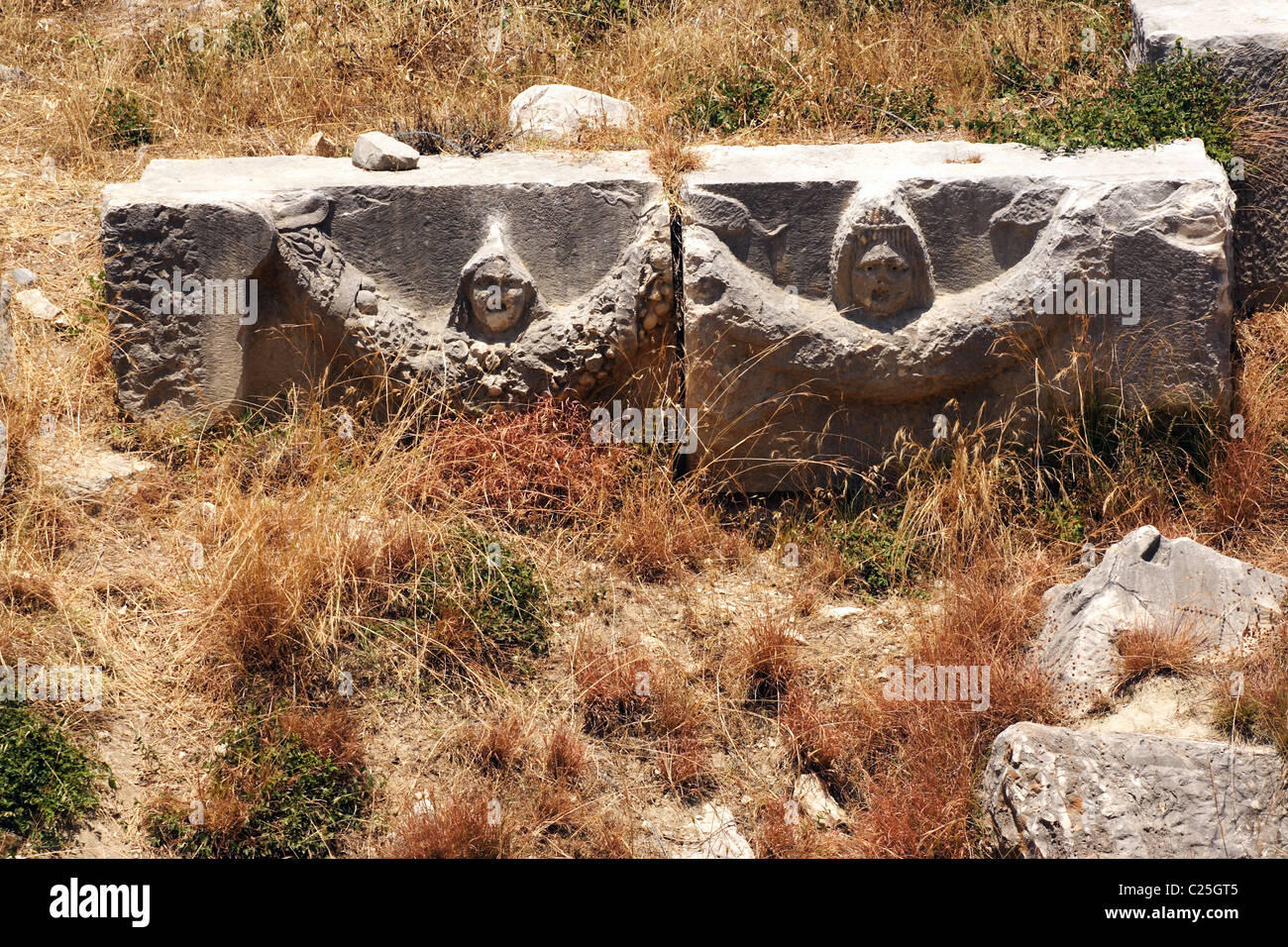 Stone carving. Decoration of the amphitheater in the ancient city of ...