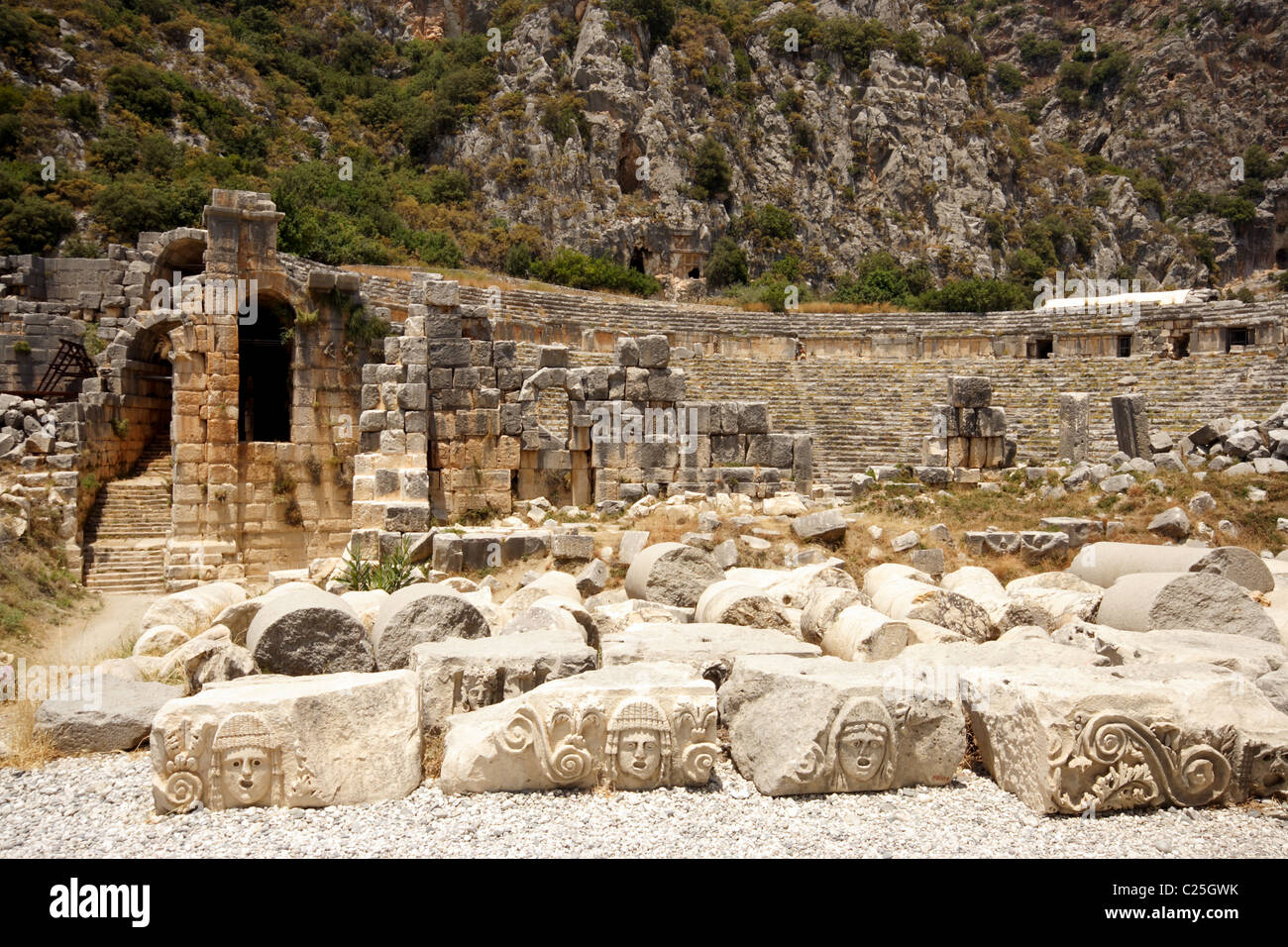 Carved pillars in amphitheater of side in Turkey, Myra Stock Photo - Alamy