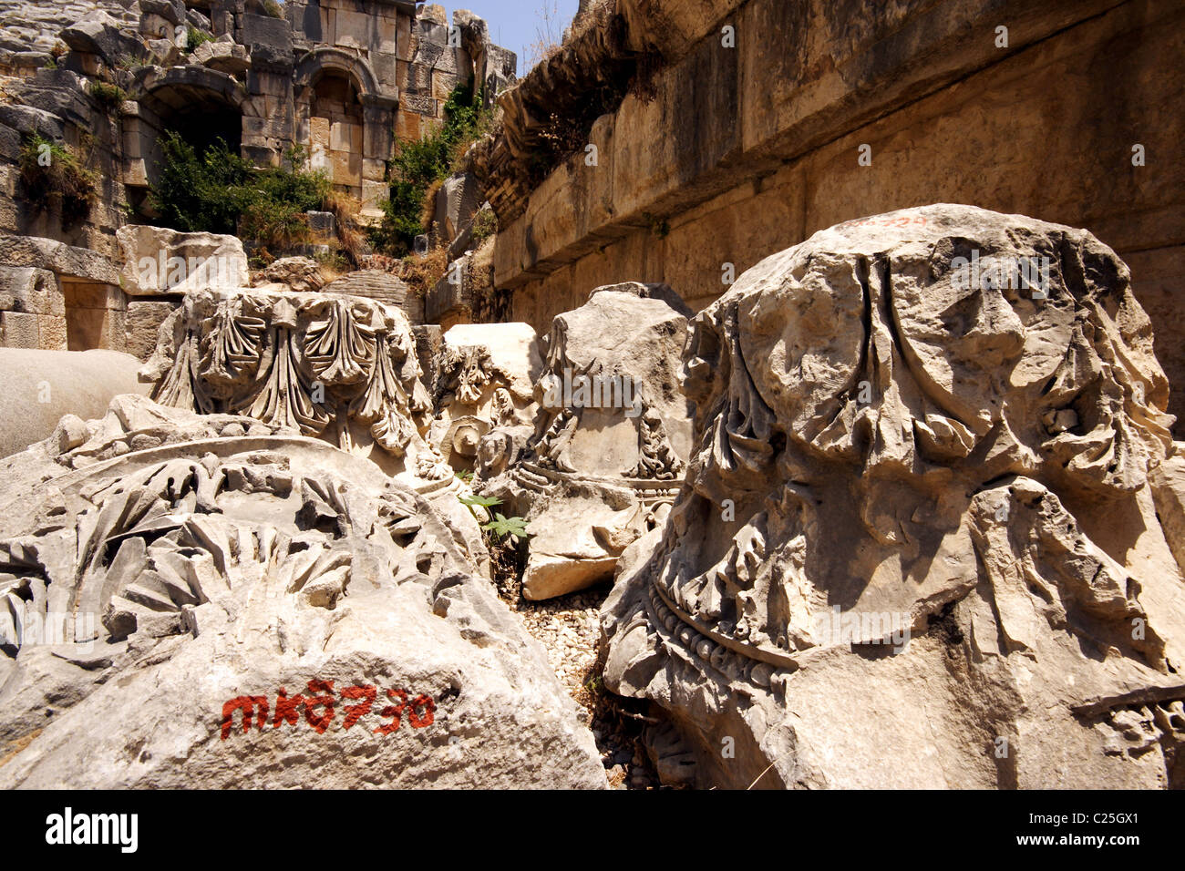 Carved pillars in ancient theater of side in Turkey, Myra Stock Photo ...