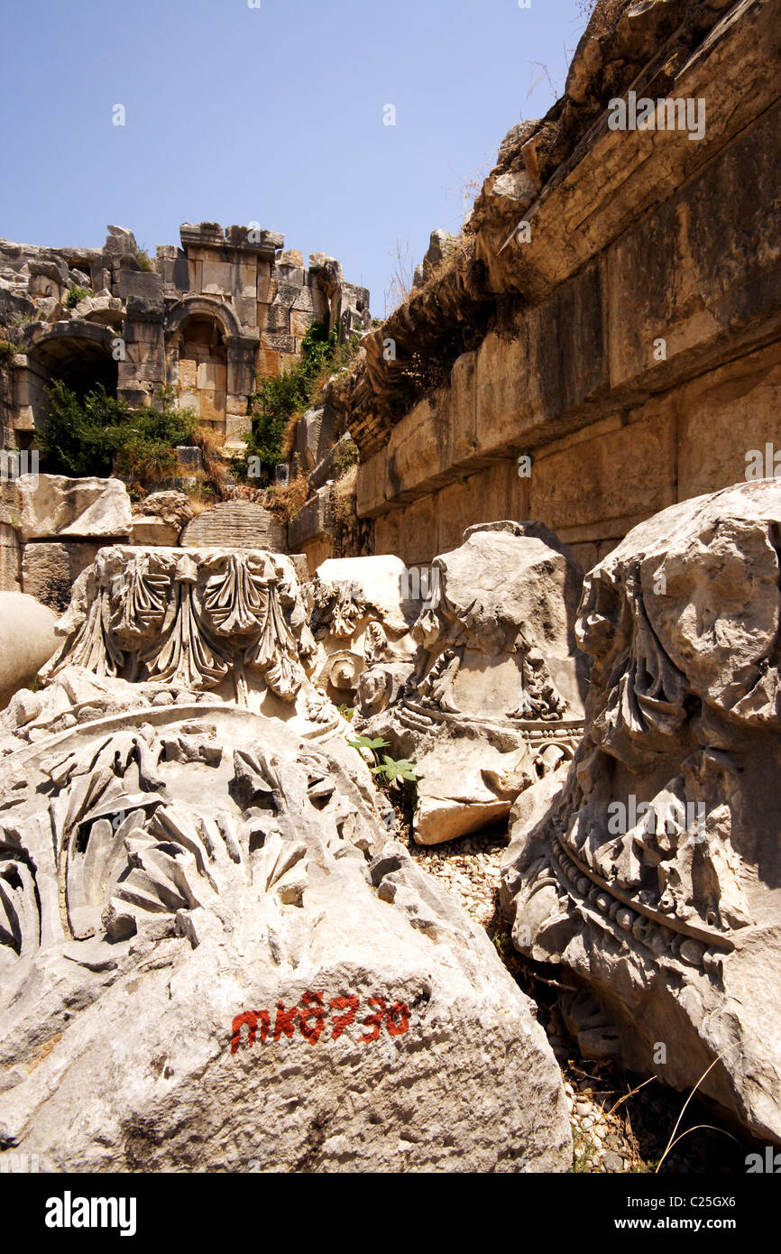 Carved pillars in ancient theater of side in Turkey, Myra Stock Photo ...