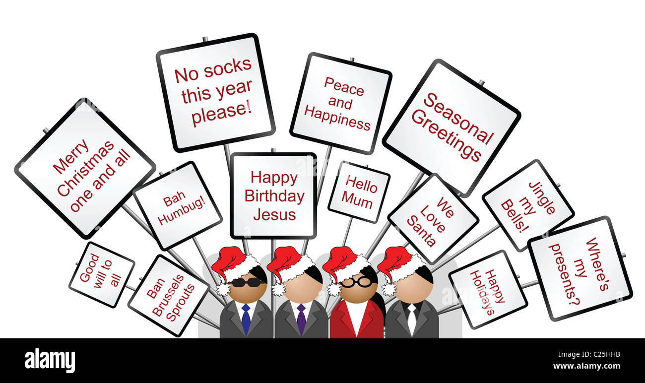 Crowd with placards with a Christmas theme isolated on white background ...