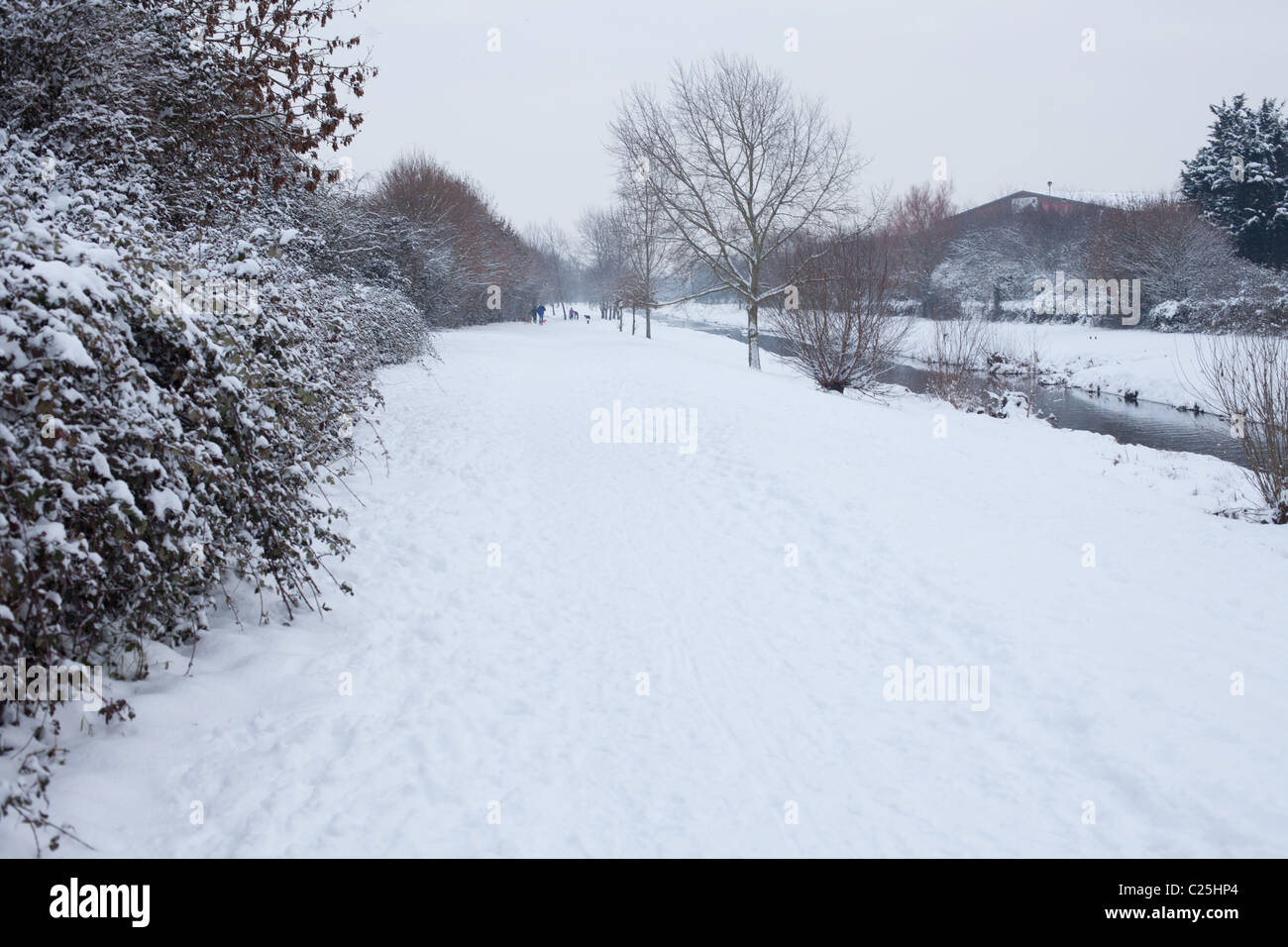 snow covered river walk in winter (UK Stock Photo - Alamy