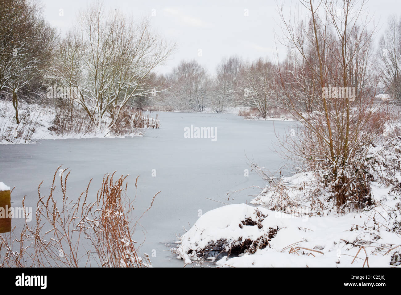 Snowy view across a frozen lake in winter Stock Photo - Alamy