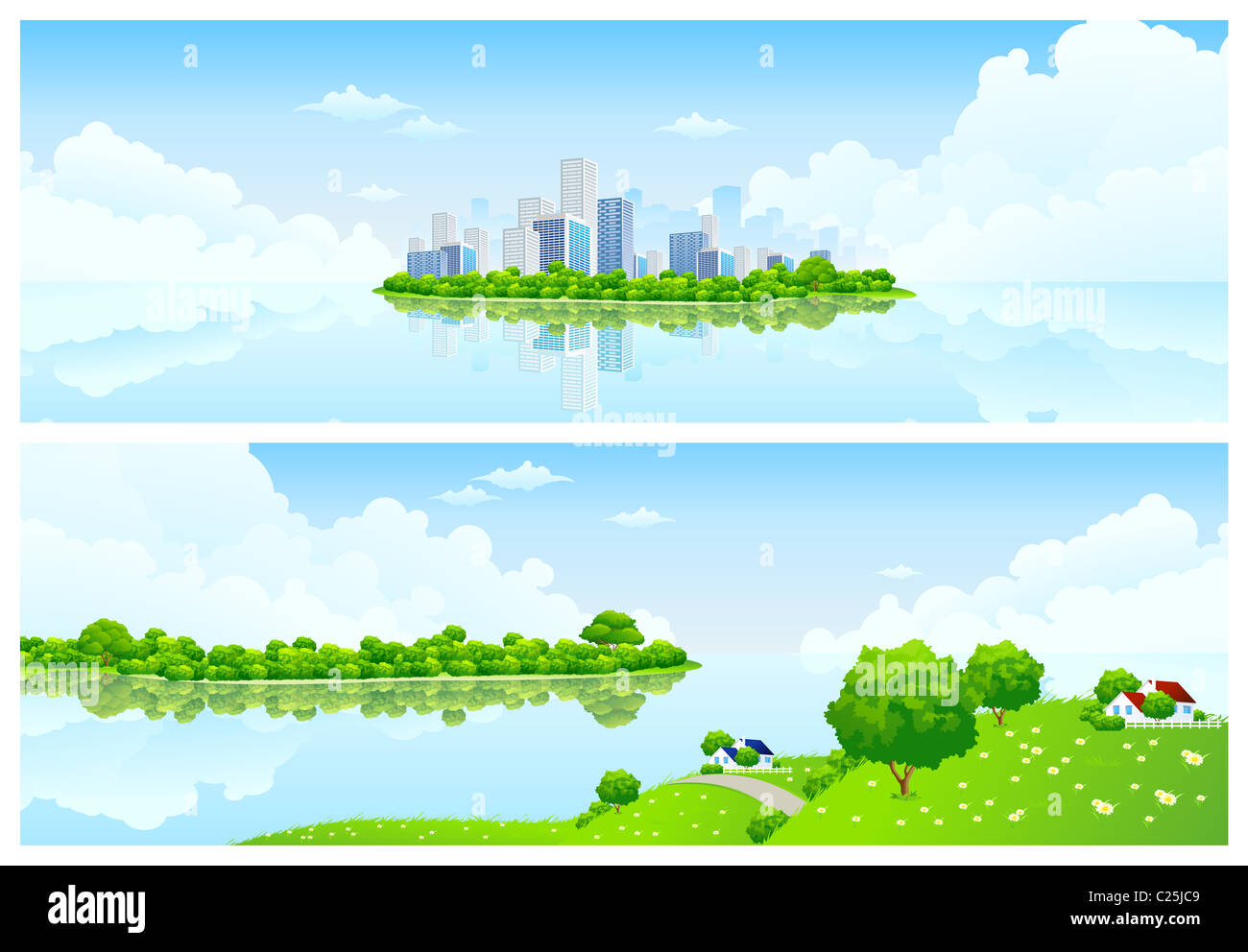 Two horizontal Nature banners with clouds grass flowers and buildings ...