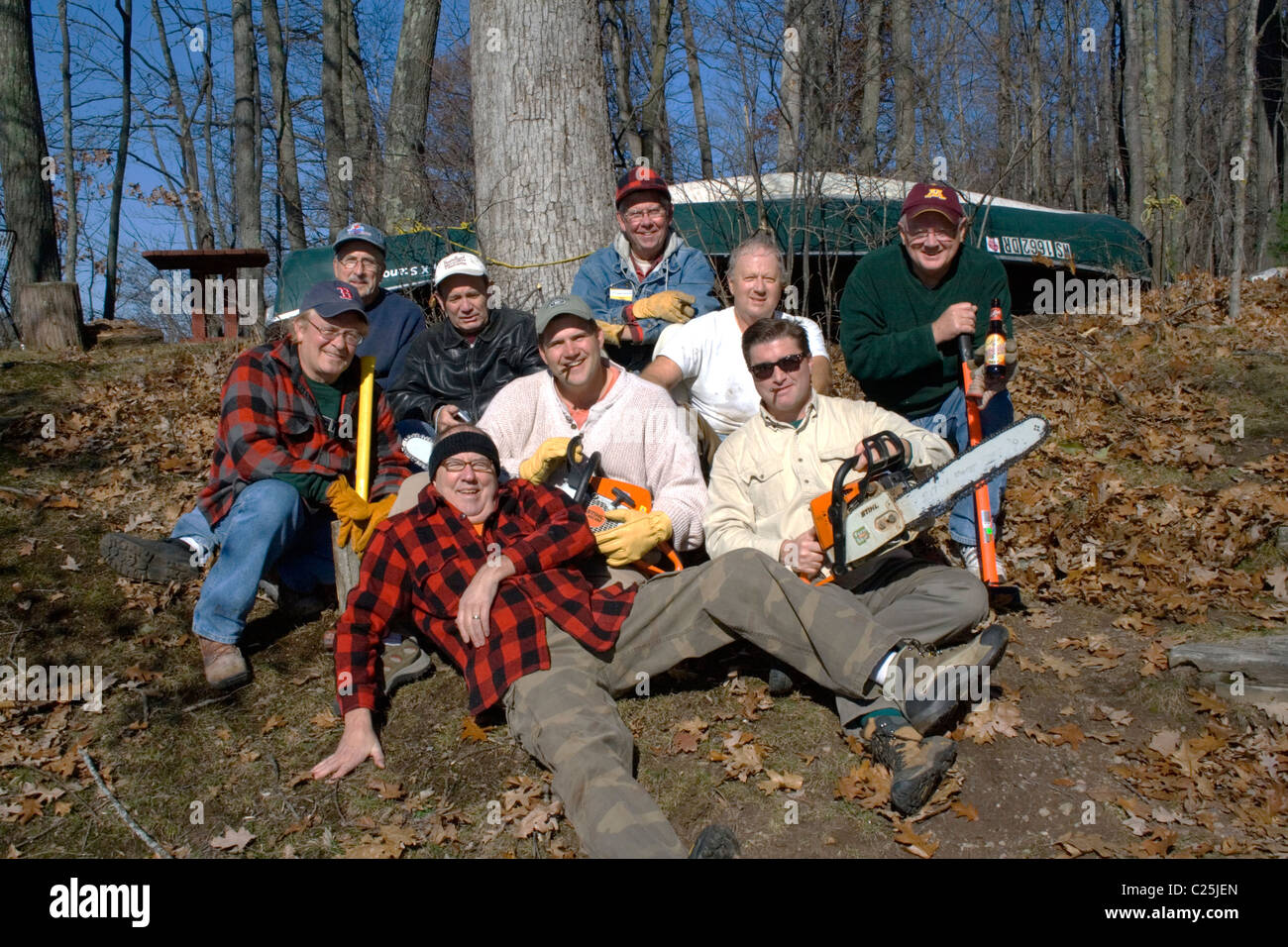 Group of wannabe woodsmen bonding in the Wisconsin woods. Cumberland ...