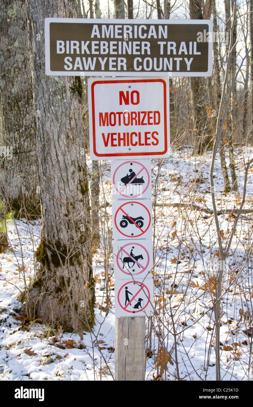No motorized vehicles sign on the American Birkebeiner Trail. Cable ...