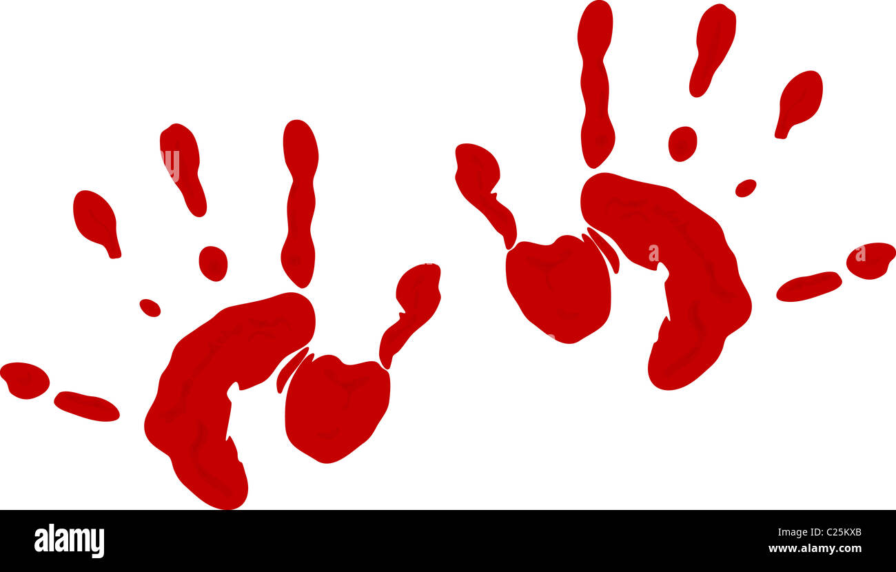 Print of two hands of blood-red color on white background - a ...